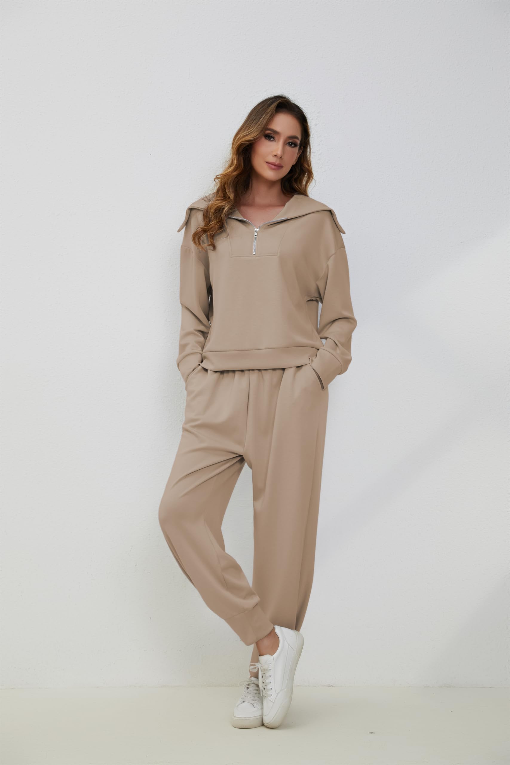 Eutten Womens 2 Piece Sweatsuits Sets Half Zip Long Sleeve Lapel Sweatshirt High Waist Sweatpants Two piece Tracksuits Sets