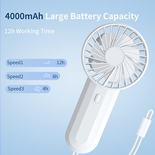 SmartDevil Portable Handheld Fan, Mini Dual-Bladed Hand Fan, 4000mAh Small Personal Rechargeable Battery Operated Fan, Powerful Wind, 3 Speed Adjustable, Hand Held Fan For Outdoor, Travel (White)