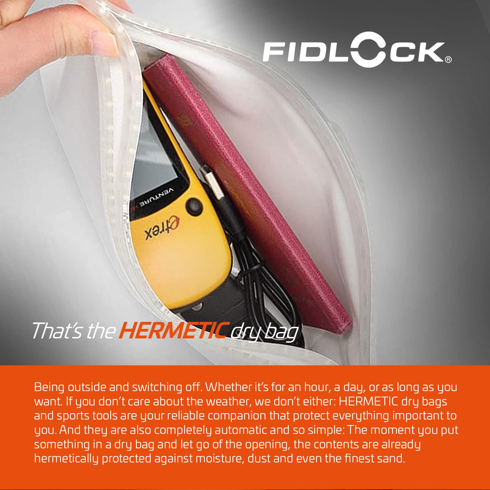 FIDLOCK Hermetic Dry Bag Multi - Flexible Magnetic Self-Sealing Bag for Cellphone | 100% Waterproof and Sand Proof - Practical Size with a Large Opening, with Lanyard included - Fabric Black