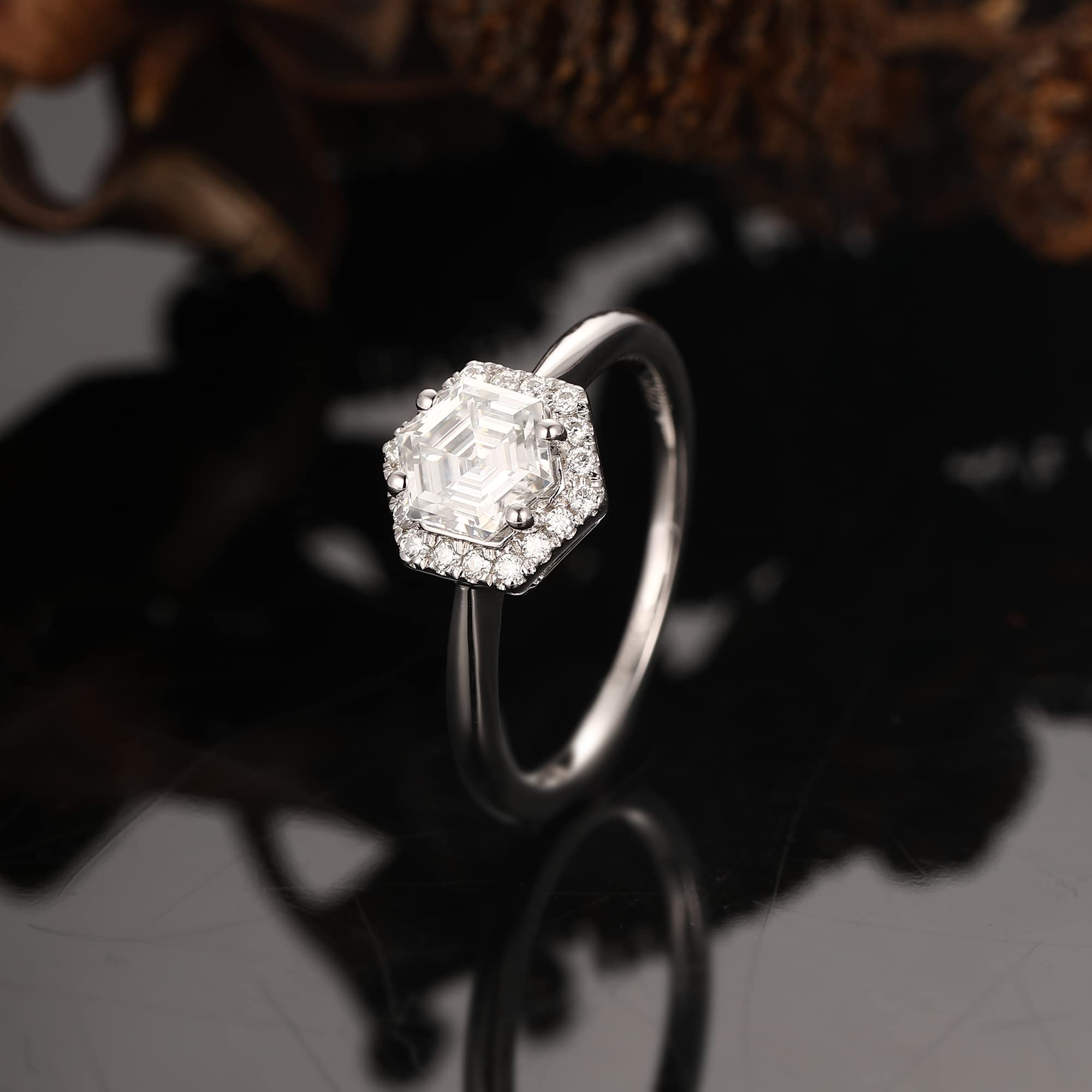 Frayerr Moissanite Ring - Statement Gift Ring - 1.85 Carat Hexagon Excellent Cut GH Moissanite Ring - Minimalist Sparkle Moissanite Halo Ring - 925 Silver Promise Ring - Prong Set Birthstone Ring (7)