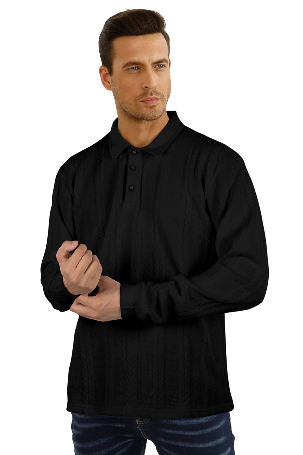 GINGTTO Mens Long Sleeve Collared Polo Sweater Cotton Ribbed Knit Golf Shirt for Men Black XL