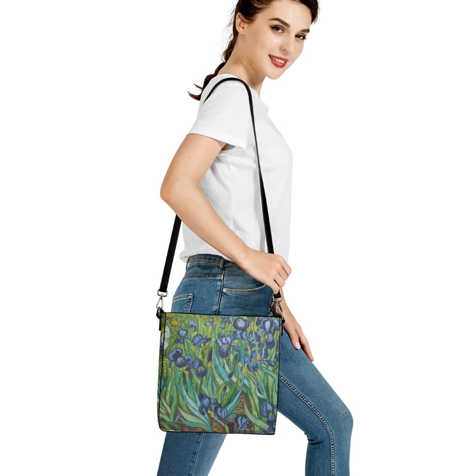 HUGS IDEA Van Gogh Iris Hobo Bag for Women with Adjustable Straps PU Leather Large Capacity Crossbody Handbags Shoulder Purse