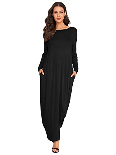 Verdusa Women's Long Sleeve Pocketed Loose Long Maxi Dress Black XL