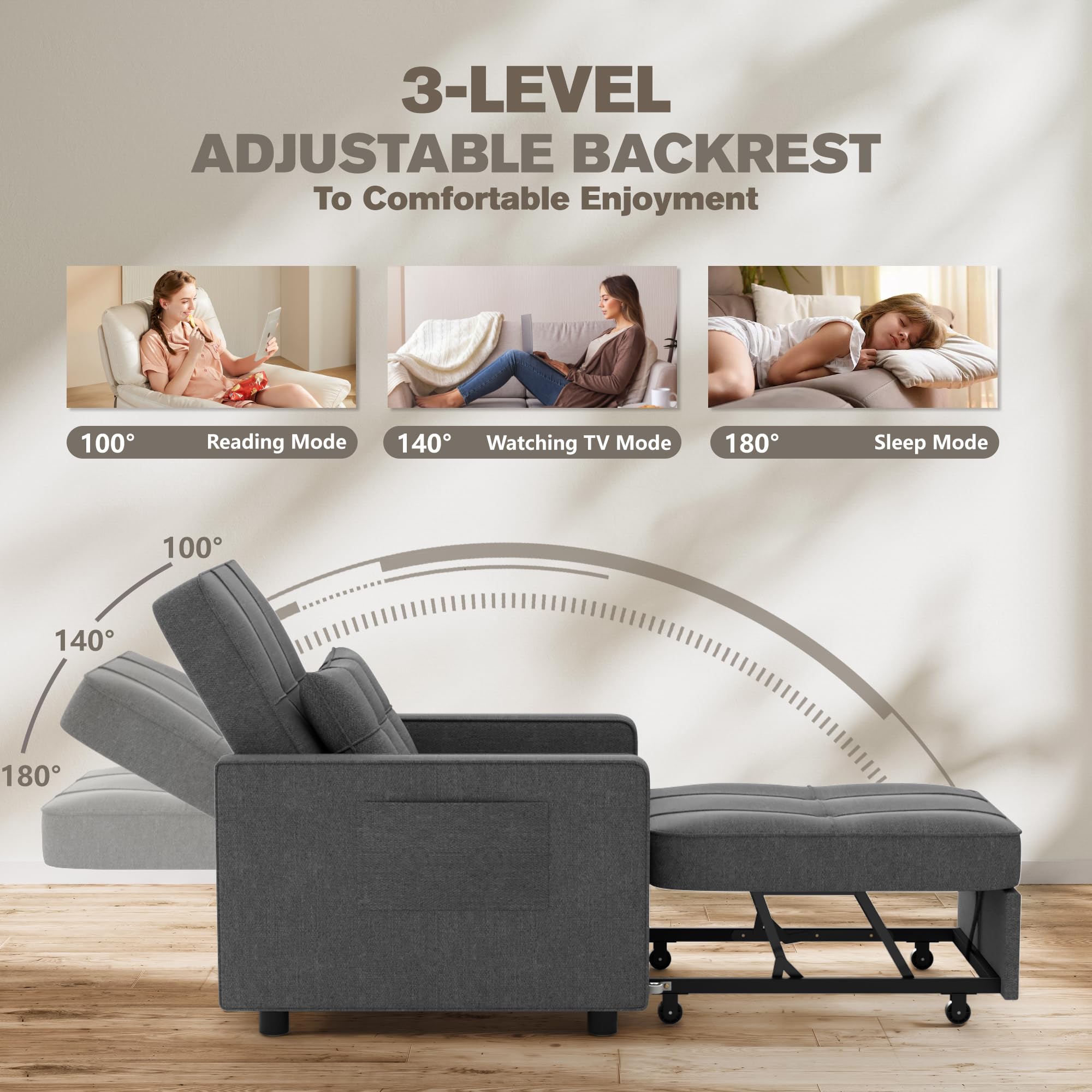 JUMMICO Sleeper Chair, 3-in-1 Convertible Sleeper Sofa Bed for Adults, Linen Fabric Pull Out Chair Bed with Adjustable Backrest, for Living Room, Apartment, Office, Small Space (Dark Gray)