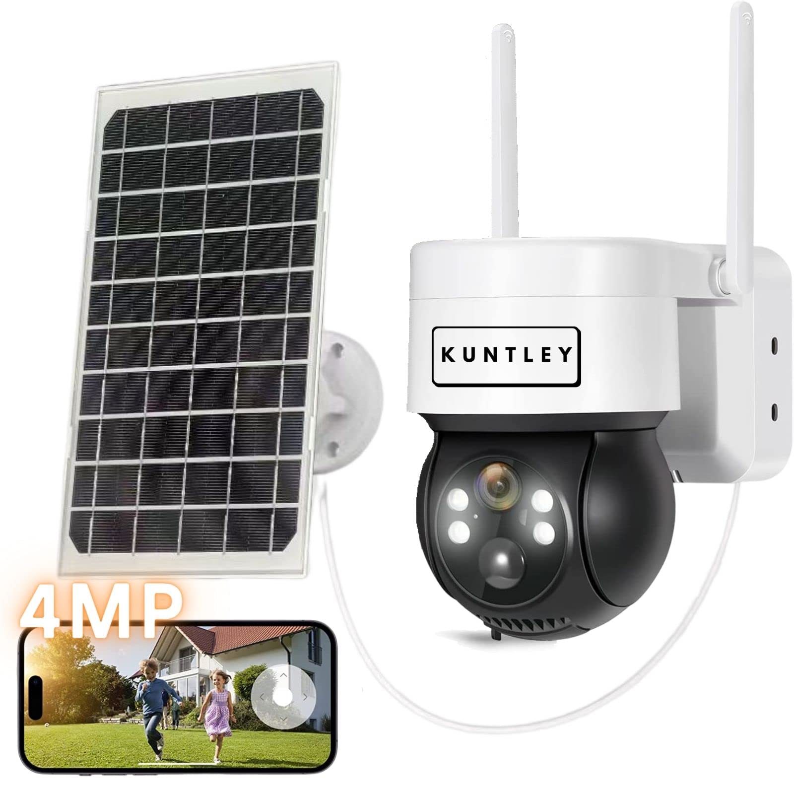 KUNTLEY 4MP UHD Security Cameras Outdoor Wireless Solar Powered,Pan Tilt 360°View Battery WiFi Security Cameras for Home Security,Color Night Vision, 2 Way Talk, IP65 Waterproof SD/Cloud WiFi Camera