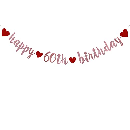 Happy 60th Birthday Banner, Pre-Strung,Rose Gold Glitter Paper Garlands for 60th Birthday Party Decorations Supplies, No Assembly Required,Rose Gold,SUNbetterland