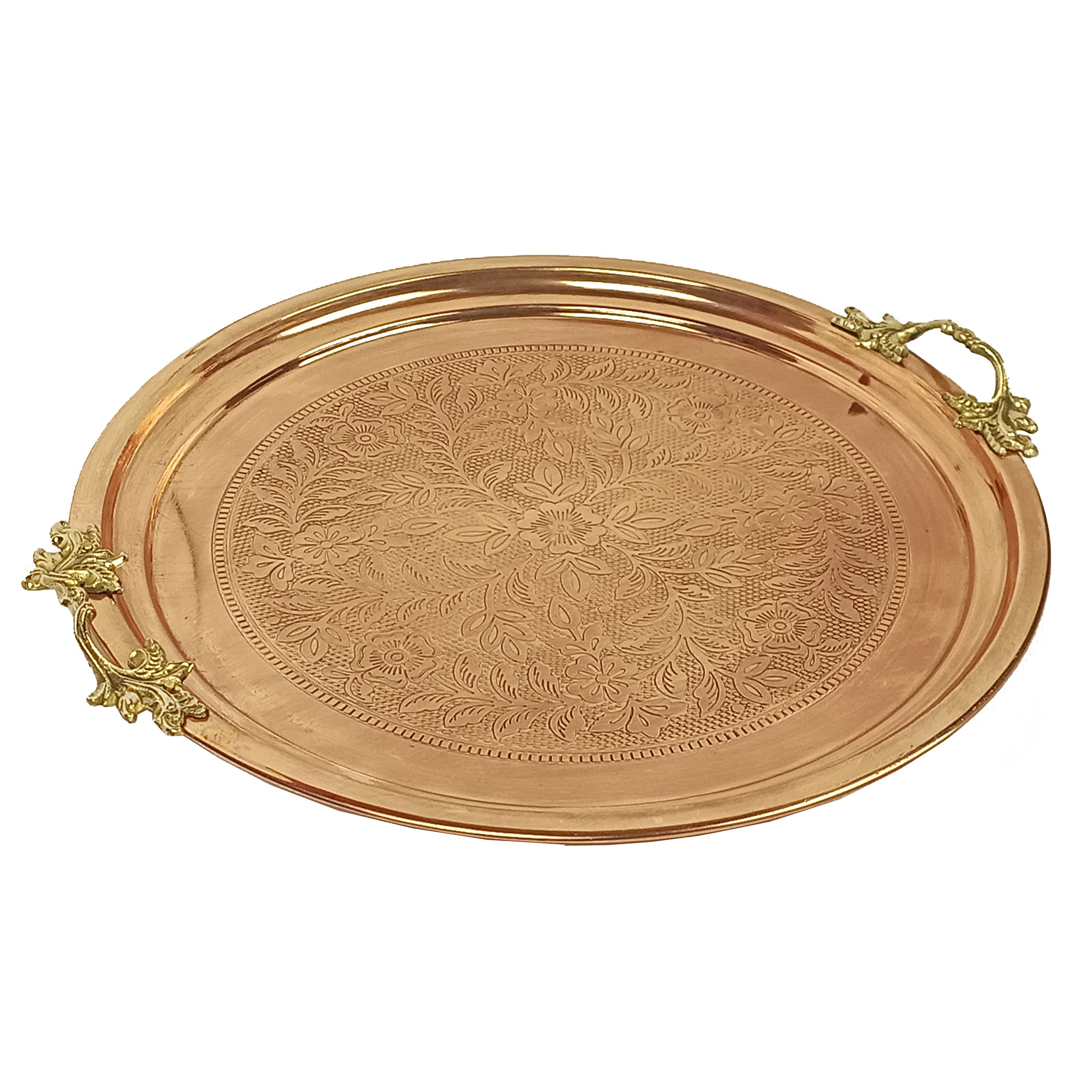 Hammered Copper Serving Tray with Brass Handle - Decorative Round Coffee Table Tray - Multi-Purpose Kitchen Food Tray Decorative for Breakfast, Dinner, and Parties, 14 Inch (Flower Design)