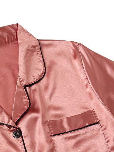 Verdusa Women's 2pc Satin Nightwear Button Front Sleepwear Short Sleeve Pajamas Set Pink S