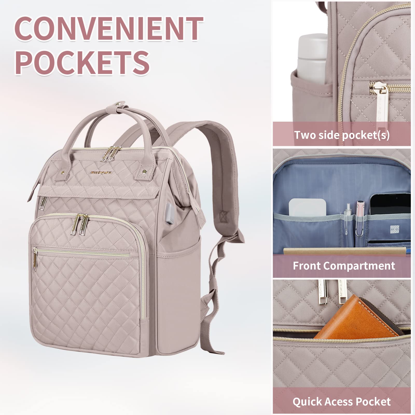 EMPSIGN 17 Inch Laptop Backpack for Women, Work Business Travel Computer College Bags, Large Capacity Water-repellent Quilted Casual Daypack with USB Port, Dusty Pink