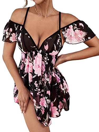 Verdusa Women's Casual Sleepwears Floral Print Cold Shoulder Crisscross Backless Spaghetti Strap Chiffon Nightdress Multicolor M