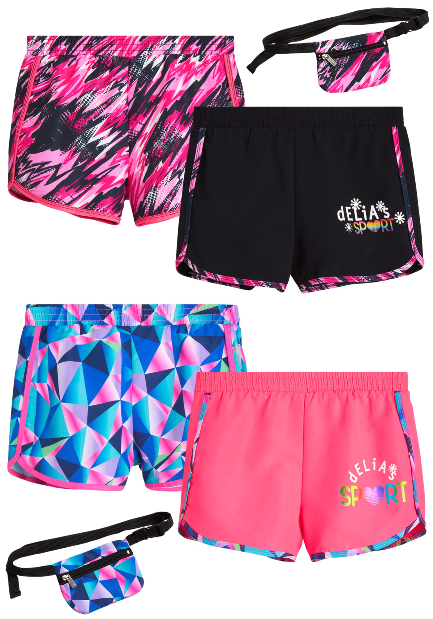 Girls' Active Shorts - 2 Pack or 4 Pack Athletic Gym Woven Running Dolphin Shorts with Fanny Pack (7-16), Size 7-8, Black/Pink Tie-dye