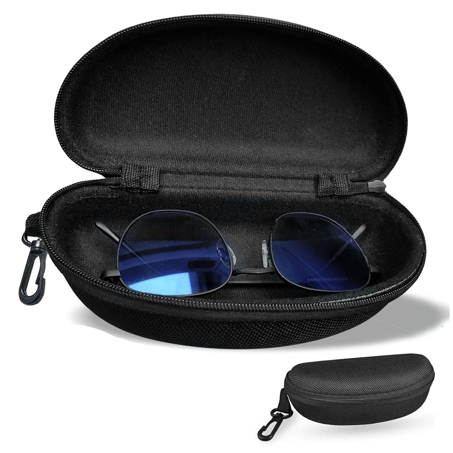 KT Deals Zipper Hard Shell Sunglasses Case and Eyeglasses Case Portable Travel Glasses Case with Plastic Hook, One Size - fit most, Black