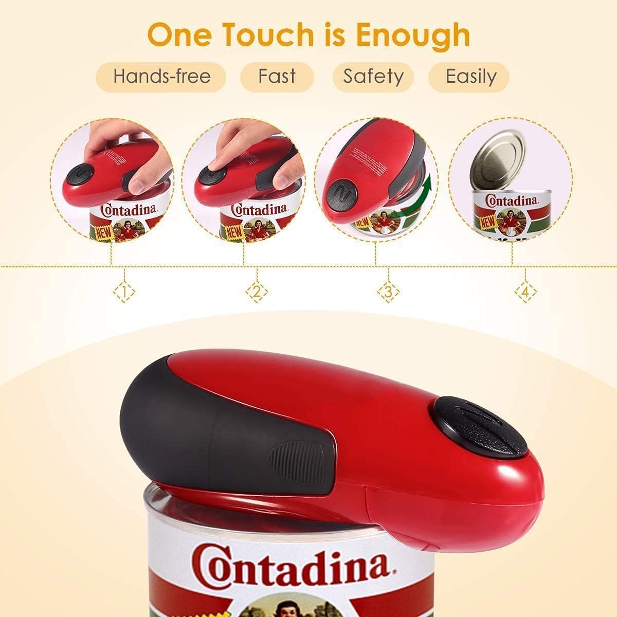 Electric Can Opener, Open Cans with One Touch NO Stuck Smooth Edge Automatic Can Opener for Seniors Arthritis, Food-Safe & Battery Operated Handheld Opener Fits Almost Sizes