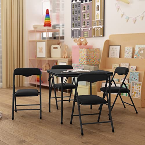 HBCY Creations 5 Piece Kid's Folding Table and Chairs Set - Black Design - Lightweight & Portable - Safety Lock Feature - Seating for 4