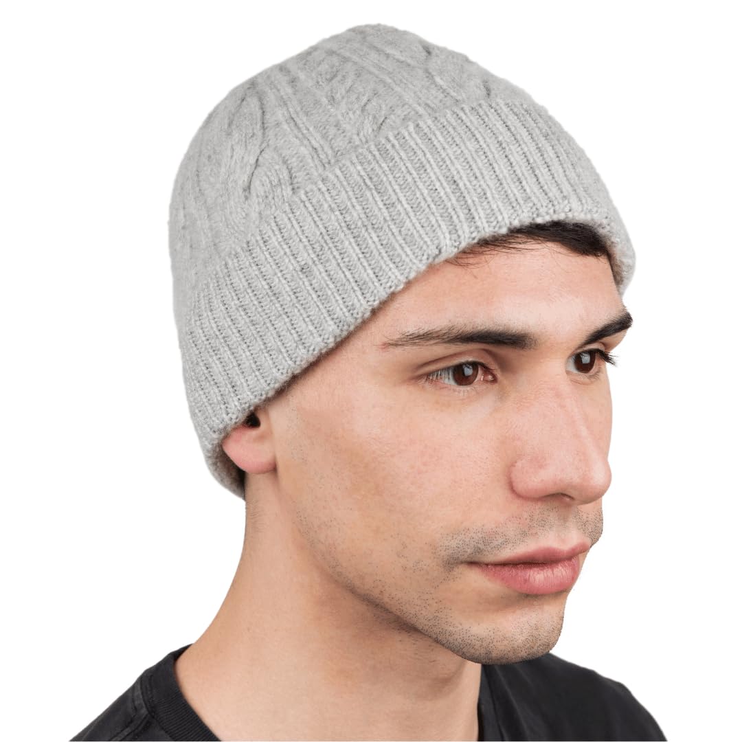 Fair Goods 100% Cashmere Beanie for Men | Cable Knit Winter Hat | Rugged, Classic, Fisherman Cap, Light Grey