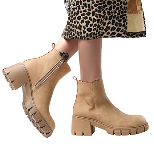 FASDNENDYS Women Shoes Fashion Nude Boots Thick Sole Thick Heel Women Boots Breathable Cam Walking Boot Tall