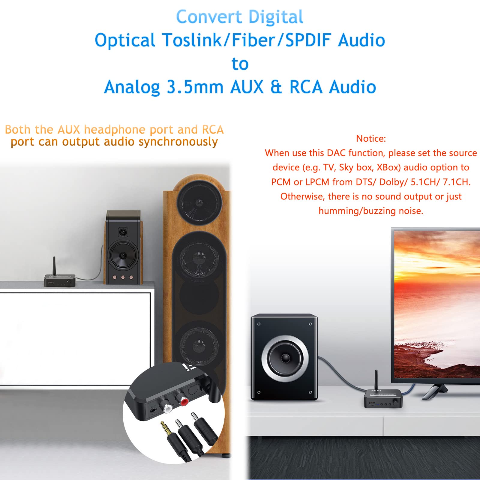 EMUTECK 192kHz Digital to Analog Audio Converter DAC Optical Toslink SPDIF to L/R RCA AUX 3.5mm Jack Adapter, Bluetooth Receiver, USB MP3 Player, Adjustable Volume for TV PS3 PS4 Xbox DVD Home Stereo