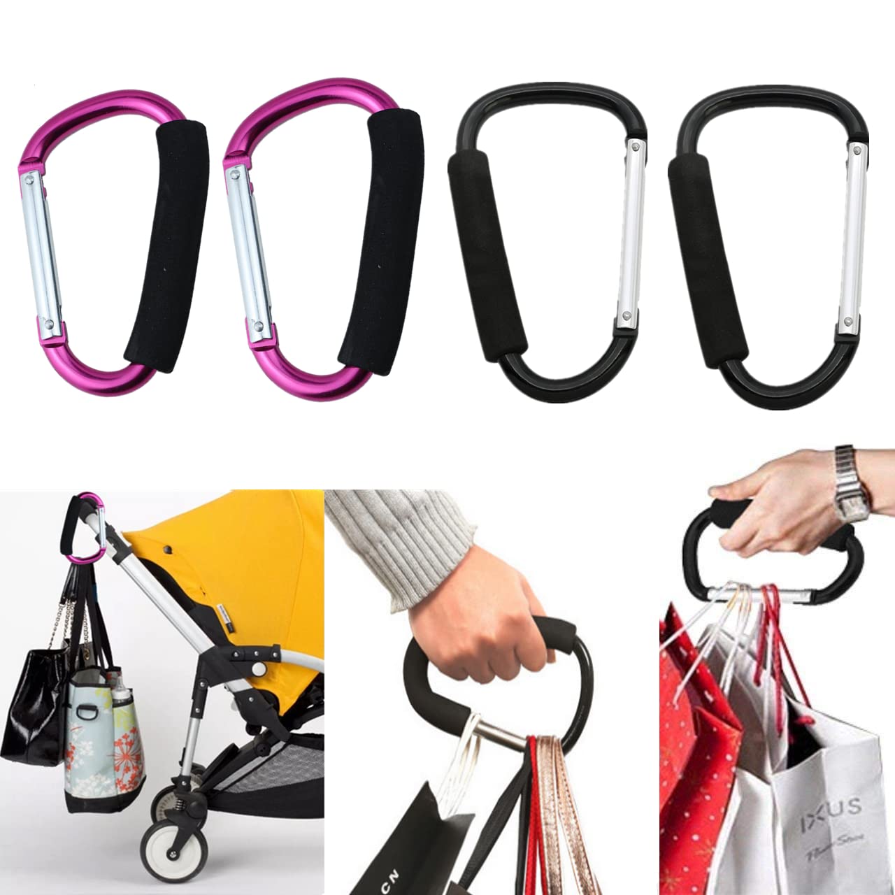 Magnoloran 4 Pack Grocery Bag Shopping Bag Holder Handle Carrier Tool Baby Stroller Hook Stroller Organizer Hook Clips Multi Purpose Snap Hook Carabiner Clip with Cushion Grip, Black & Purple