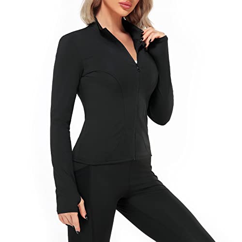 FITTOO Women's Slim Long Sleeves Running Shirts UPF 50+ Full Zip Athletic Jackets with Thumb Holes Black L