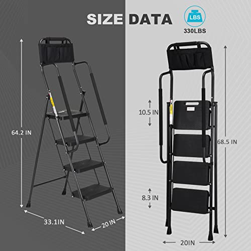 HBTower 4 Step Ladder with Handrails, Folding Step Stool with Attachable Tool Bag & Anti-Slip Wide Pedal for Home Kitchen Pantry Office, 330lbs Capacity Black