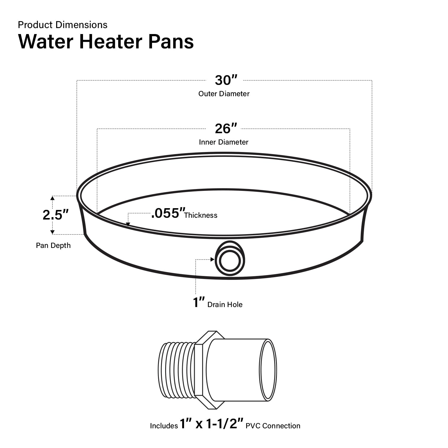 Everflow PWHP28 Plastic Water Heater Drain Pan with 1 in. - 1-1/2 in. PVC Fitting, 28 in. Diameter Black