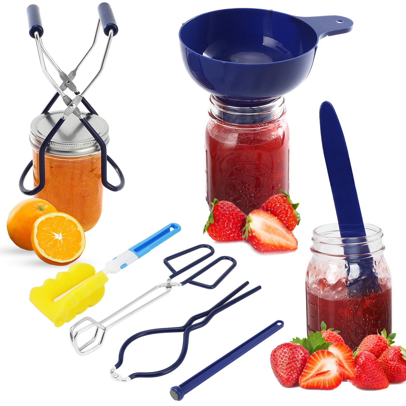 FONLLAM Canning Kit, 7PCS Canning Starter Kits, Canning Supplies for Home Canning Include Canning Funnel, Jar Lifter, Jar Wrench, Lid Lifter, Canning Tongs, Bubble Popper, Cleaning Tool (blue)