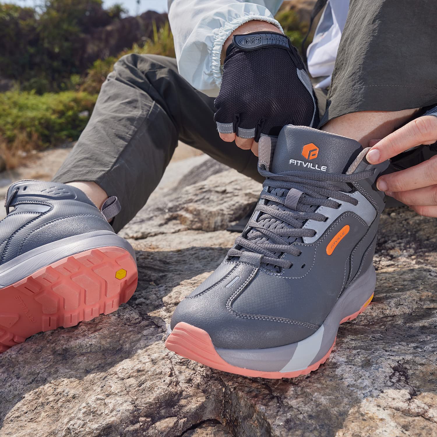 FitVille Extra Wide Womens Hiking Boots High Top Outdoor Waterproof Trekking Work Boots Soft Toe with Arch Support-Rugged Core(Grey, 9 X-Wide)