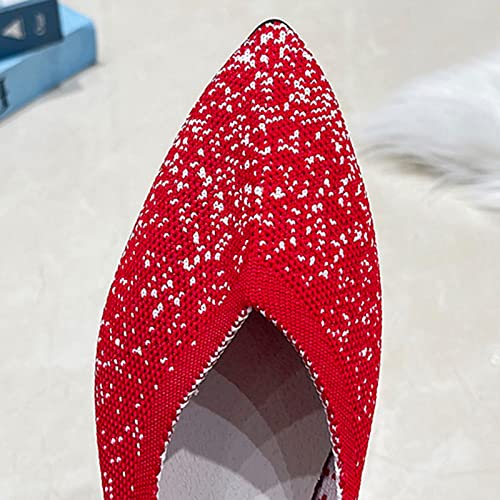 FASDNENDYS Fashion Autumn and Winter Women Casual Shoes Flat Pointed Toe Lightweight Knitted Mesh Breathable Solid Slip Sandal Red