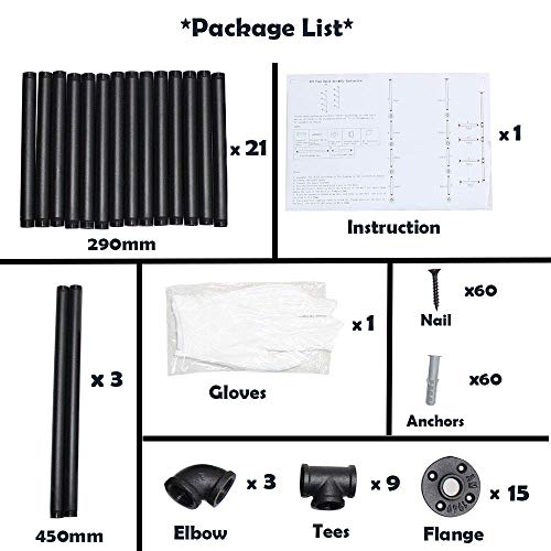FODUE Industrial Wall Mount Iron Pipe Shelf Shelves Shelving Bracket Vintage Retro Black Open Bookshelf Bookcase DIY Storage Office Kitchen (3PCS)
