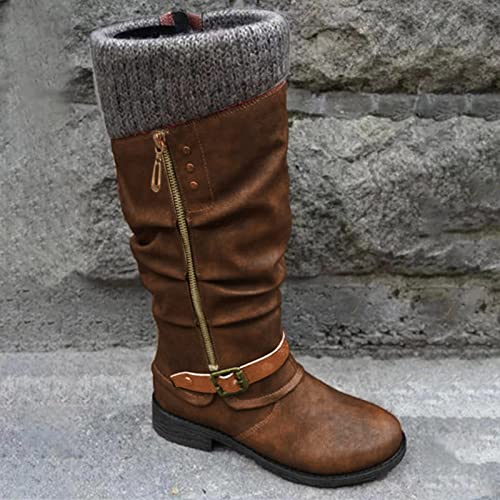 FASDNENDYS Womens Mid Knee High Boots Heels Shoes Boots Low for Women Zipper Boots Boots Dc Womens Snow Boots Brown