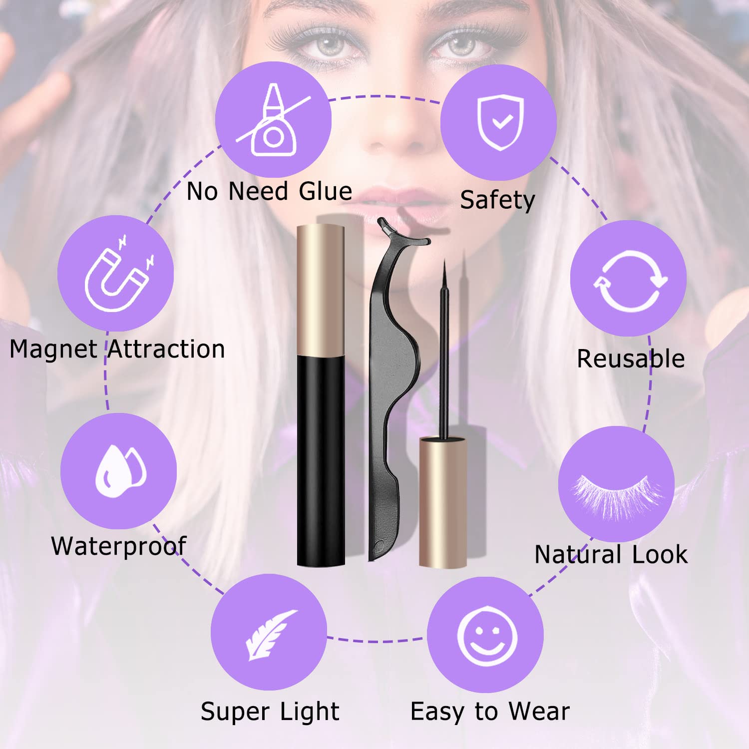 Magnetic Lashes, Magnetic Eyelashes with Eyeliner Kit, 3 Pairs Magnetic Eyelashes Natural Look, Reusable False Lashes, No Glue Need, with Applicator