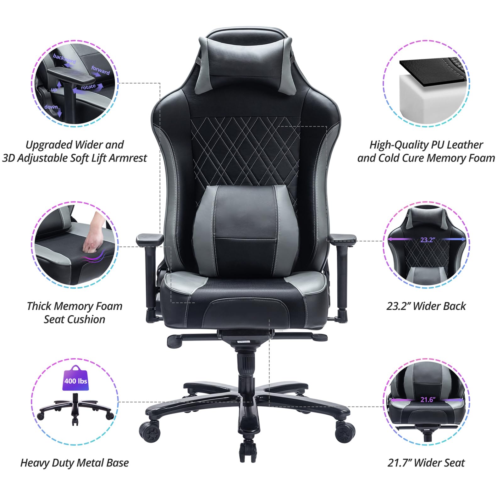 Fantasylab 400lb Gaming Chair Big and Tall Gaming Chair Breathable Computer Chair, 3-D Adjustable Armrest Air-Cooling System Heavy Duty Metal Base