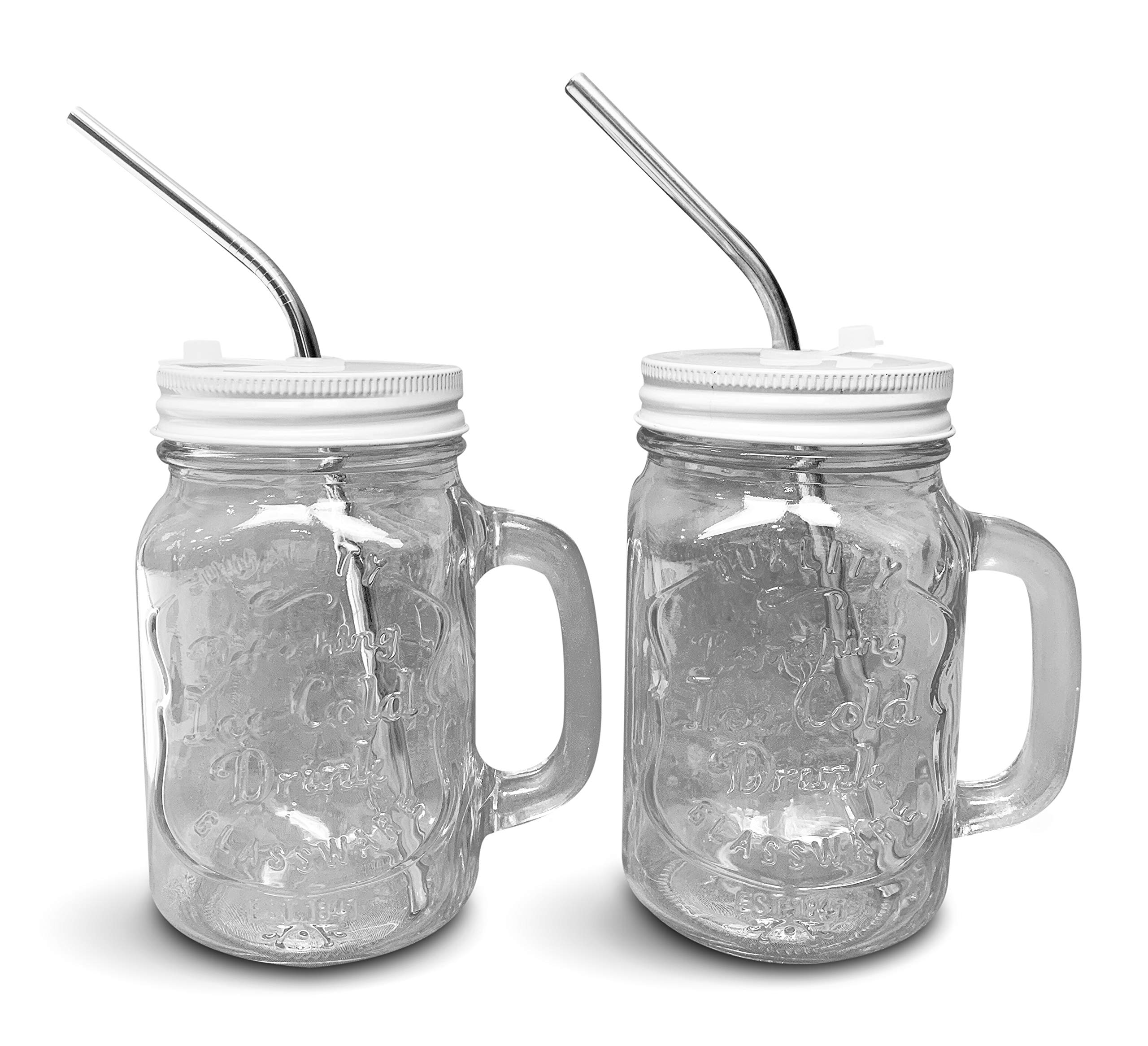 Home Suave Mason Jar Mugs with Handle, Regular Mouth, White Lids with 4 Reusable Stainless Steel Straw, Set of 4 (White), Kitchen GLASS 16 oz Jars, Dishwasher Safe