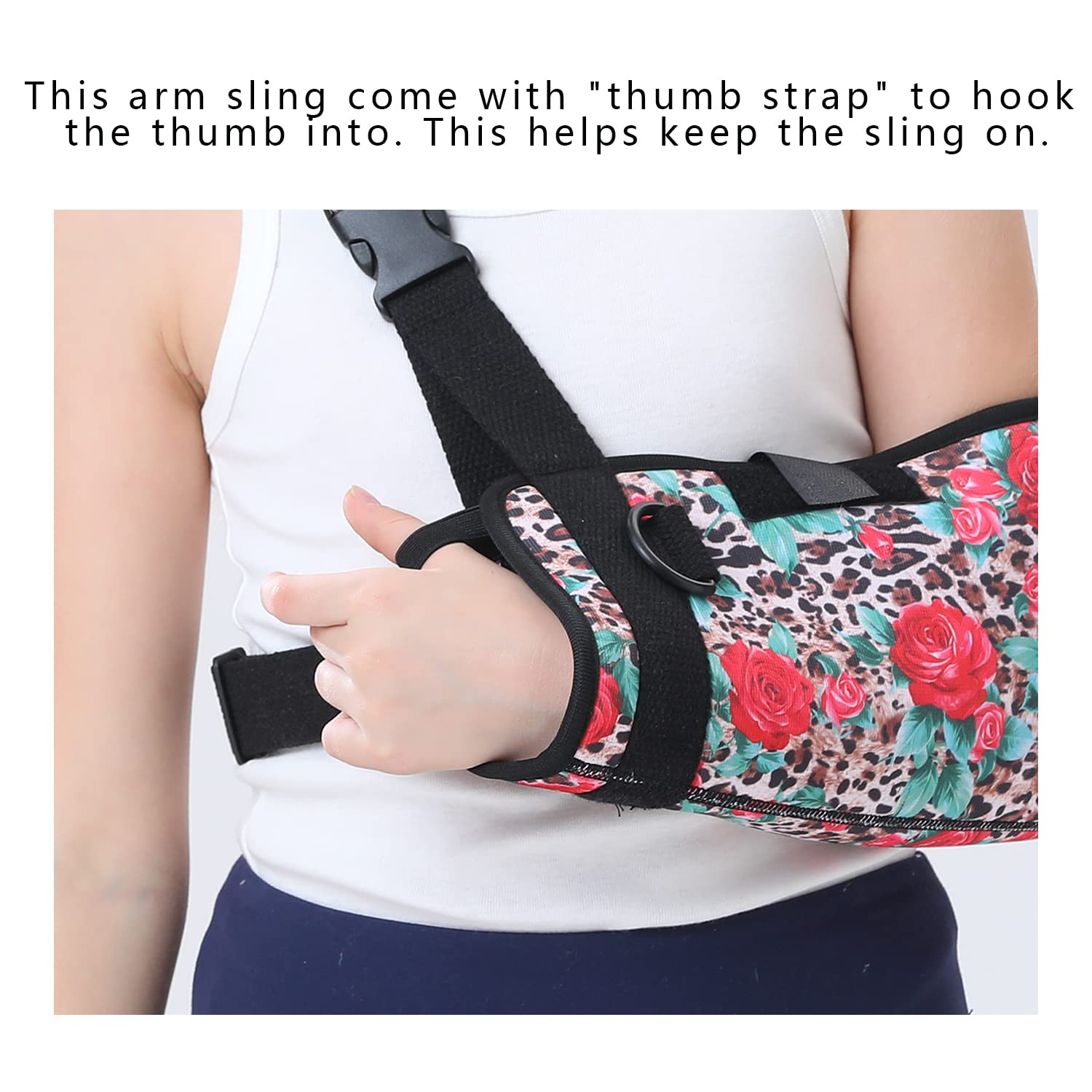 Fotgok Foam Arm Sling Shoulder Sling with Waist Strap Elbow Brace Support Shoulder Immobilizer for Shoulder Injury for Kids, for Broken, Dislocated, Fracture, Red Rose Leopard, Large
