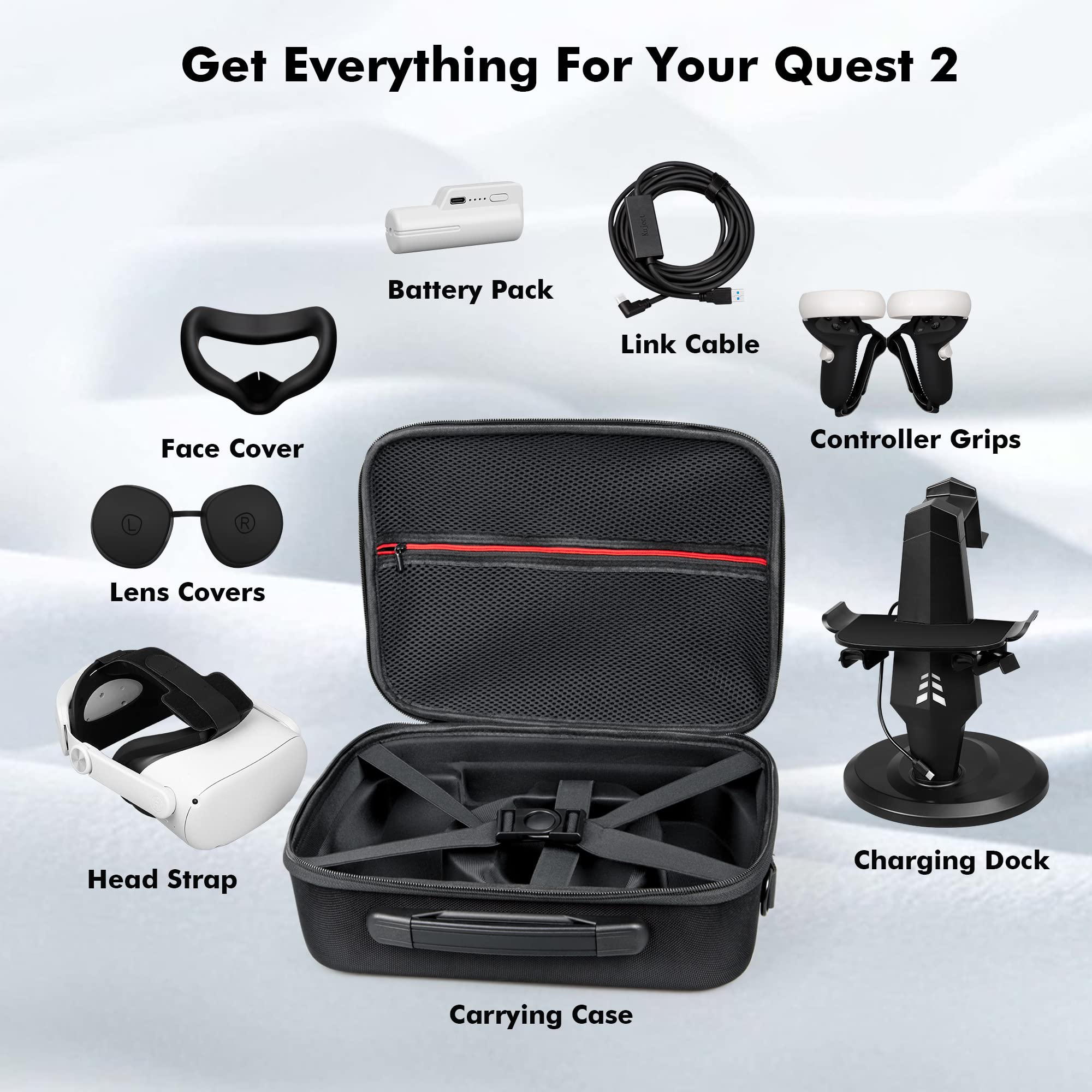 Kuject All in One Accessories Bundle for Quest 2, Accessories Set with Carrying Case, Head Strap, Battery Pack, Link Cable, Charging Dock, Controller Grips, Face & Lens Cover Travel Kit