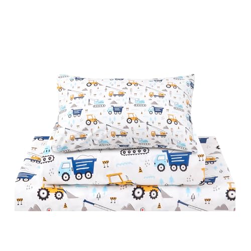lasoftan Kids Sheet Set Twin Size 3 Pcs, Boys Twin Sheet Set with Blue Excavator Car Pattern,Kids Boys Twin Fitted Sheet ,Breathable & Silky Soft Microfiber Kids Fitted Sheet