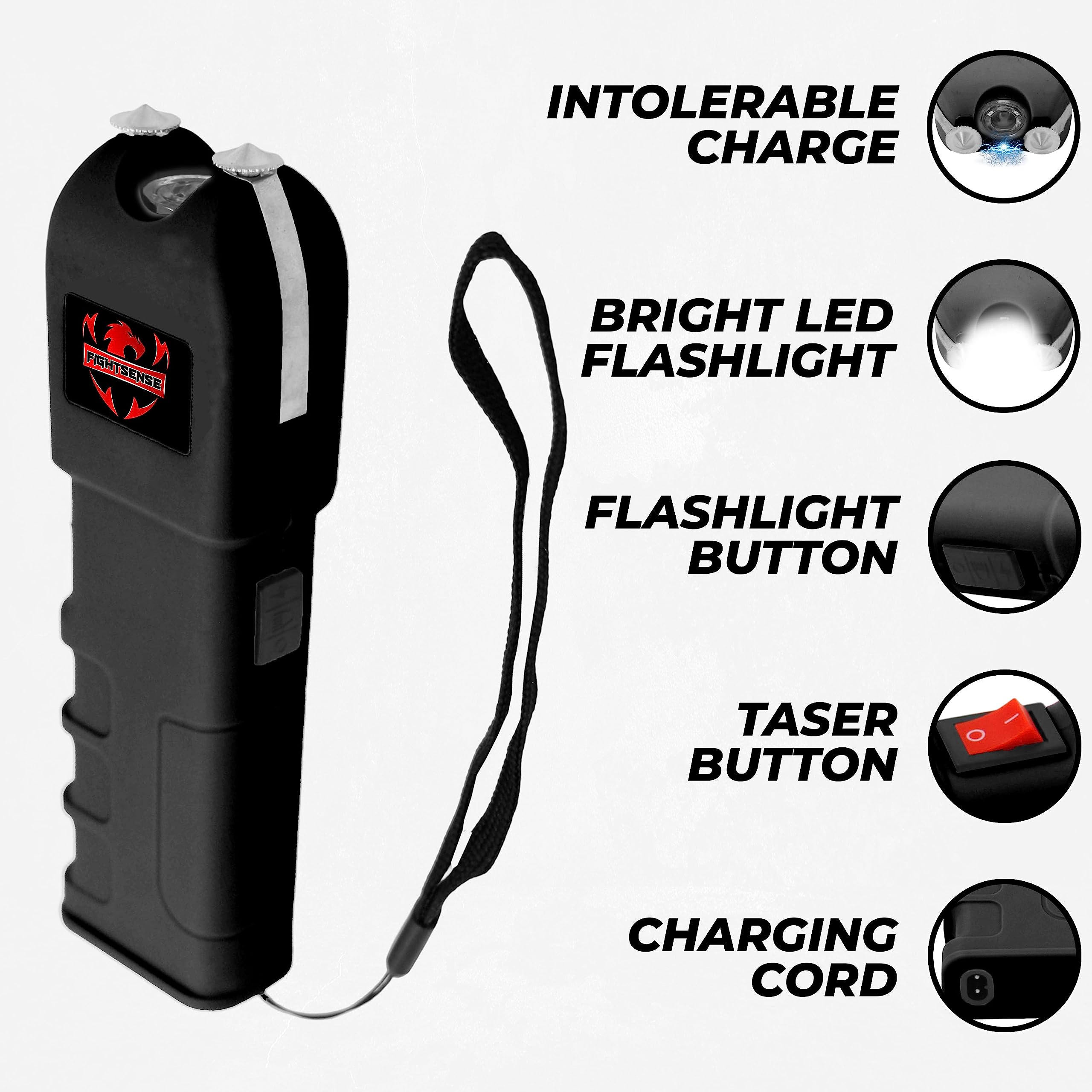 FIGHTSENSE Self-Defense Kit W/Pepper Spray & Heavy Duty Stun Gun for Men & Women,1.60 µC Intolerable Charge,LED Flashlight,Safety Switch,Keychain Leather Pouch & Nylon Belt Holster (Black Combo)