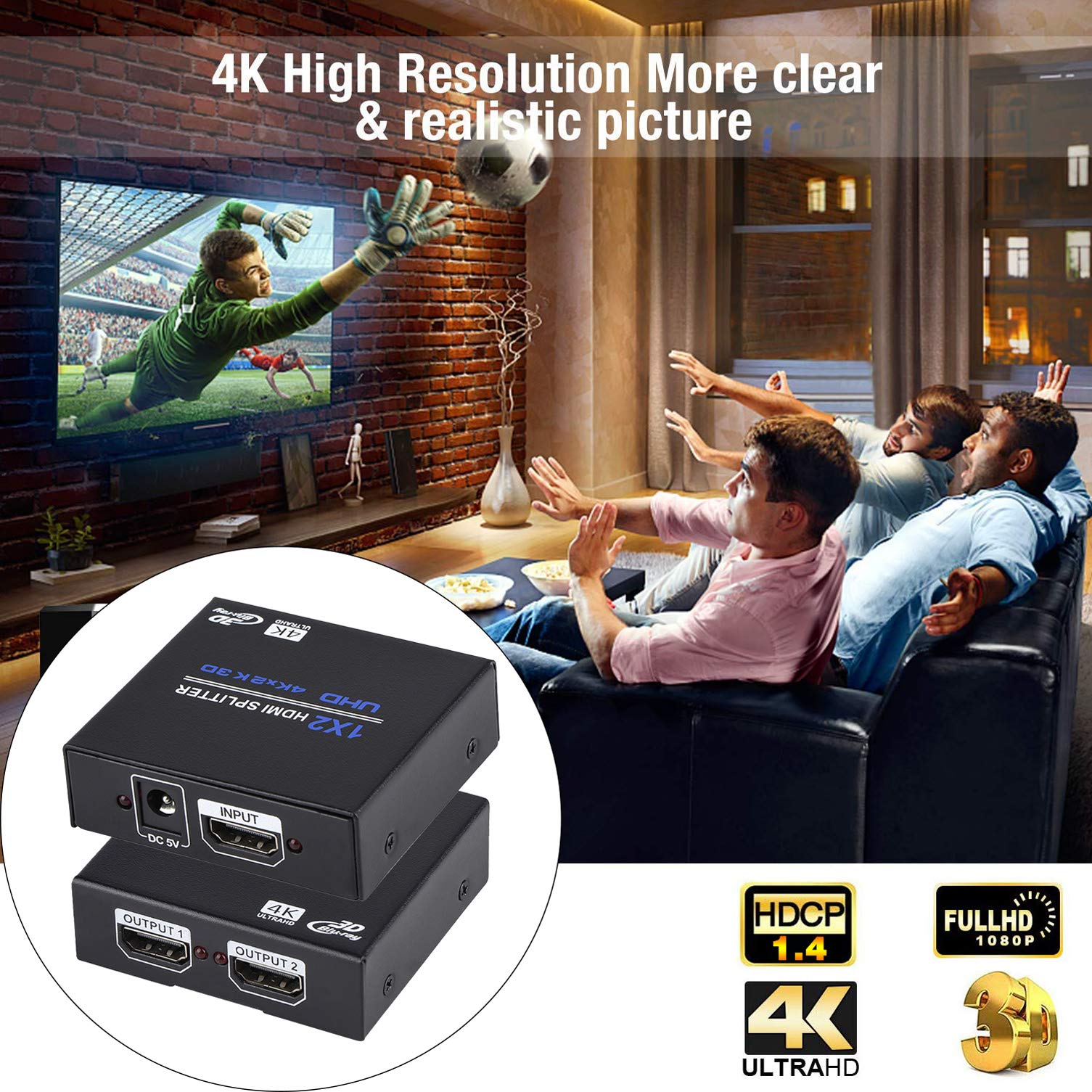 Enbuer 1x2 HDMI Splitter, 1 in 2 Out HDMI Splitter Audio Video Distributor Box Support 3D & 4K x 2K Compatible for HDTV, STB, DVD, Projector Etc