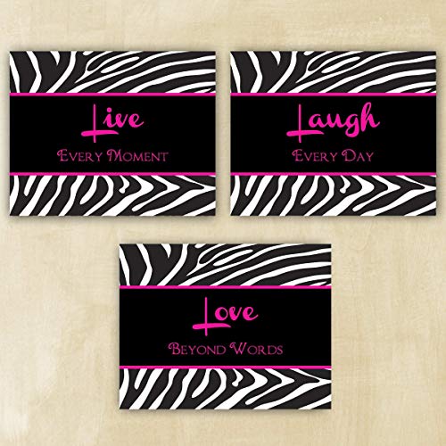 Live Laugh Love Animal Print Zebra Black and Hot Pink Wall Art Set of 3 5x7 or 8x10 Prints ((unframed))