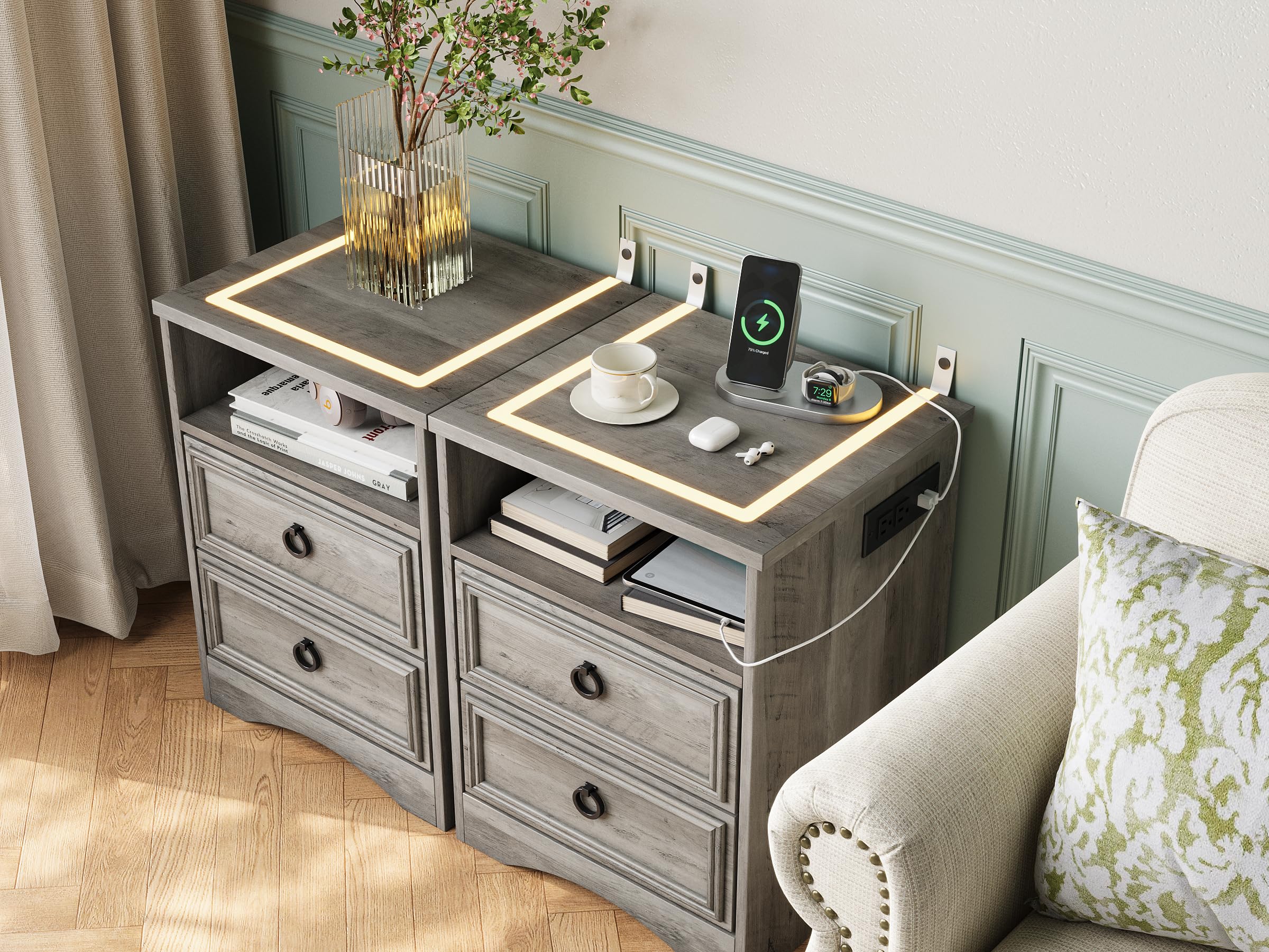Nightstand with Strip Lights,USB Outlets Set of 2, Night Stand with Drawers, Accent Bed Side Table and End Table with Open Storage for Bedroom, Living Room,Gray