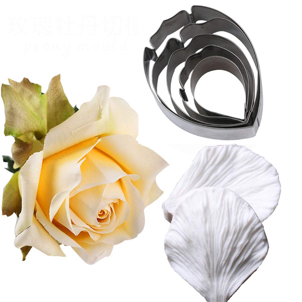 KALAIEN 5pcs Stainless Steel Peony Cutter 2pcs Fondant Silicone Mold Gumpaste Peony Sugarcraft Flower Veining Mold Veiner Petal Making Tool