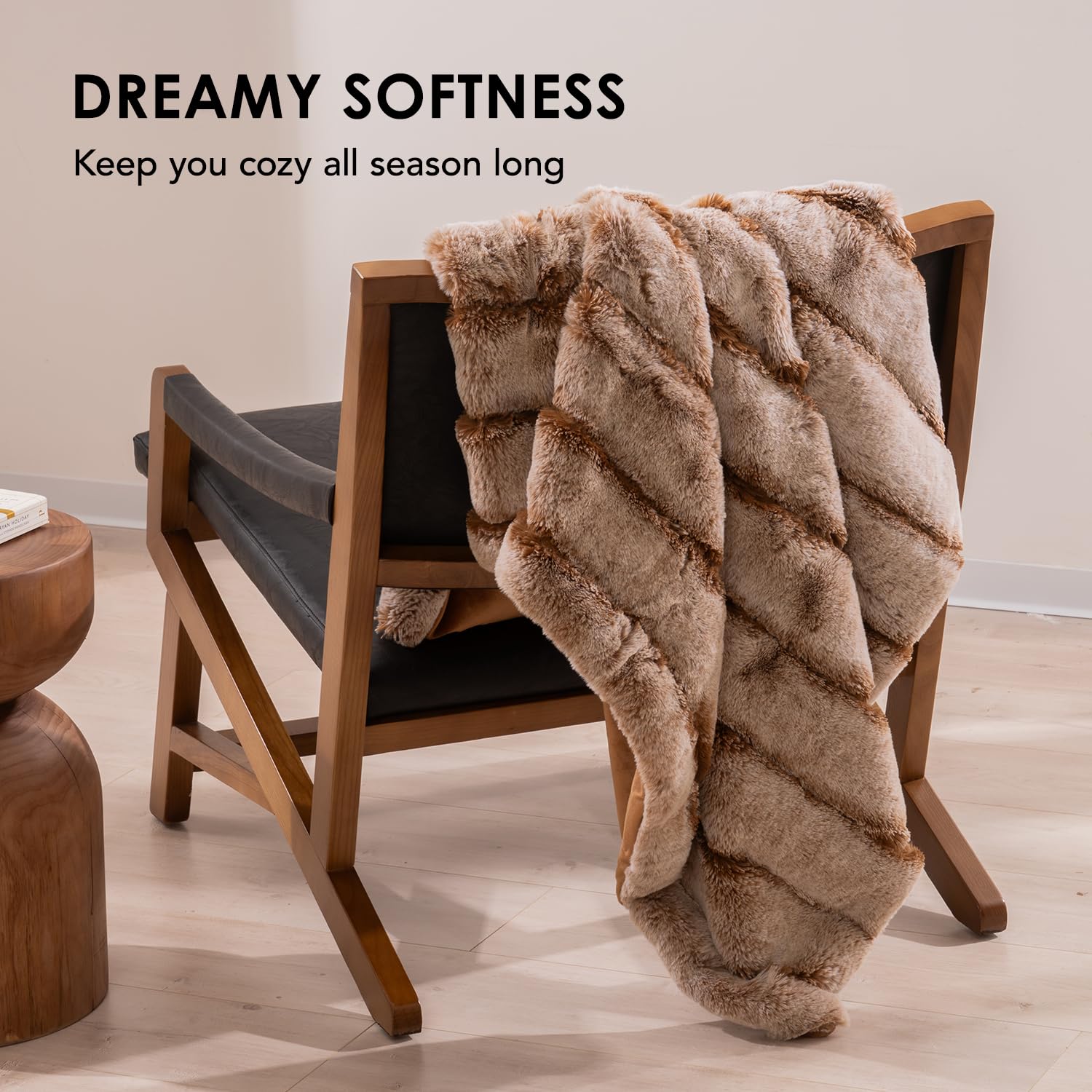 EVERGRACE Soft Rabbit Faux Fur Throw Blanket for Couch Bed, Luxury Cozy Fluffy Channel Blanket Warm Thick Mink Blanket with Reversible Plush Velvet for Winter, Caramel Brown, 60βx80β