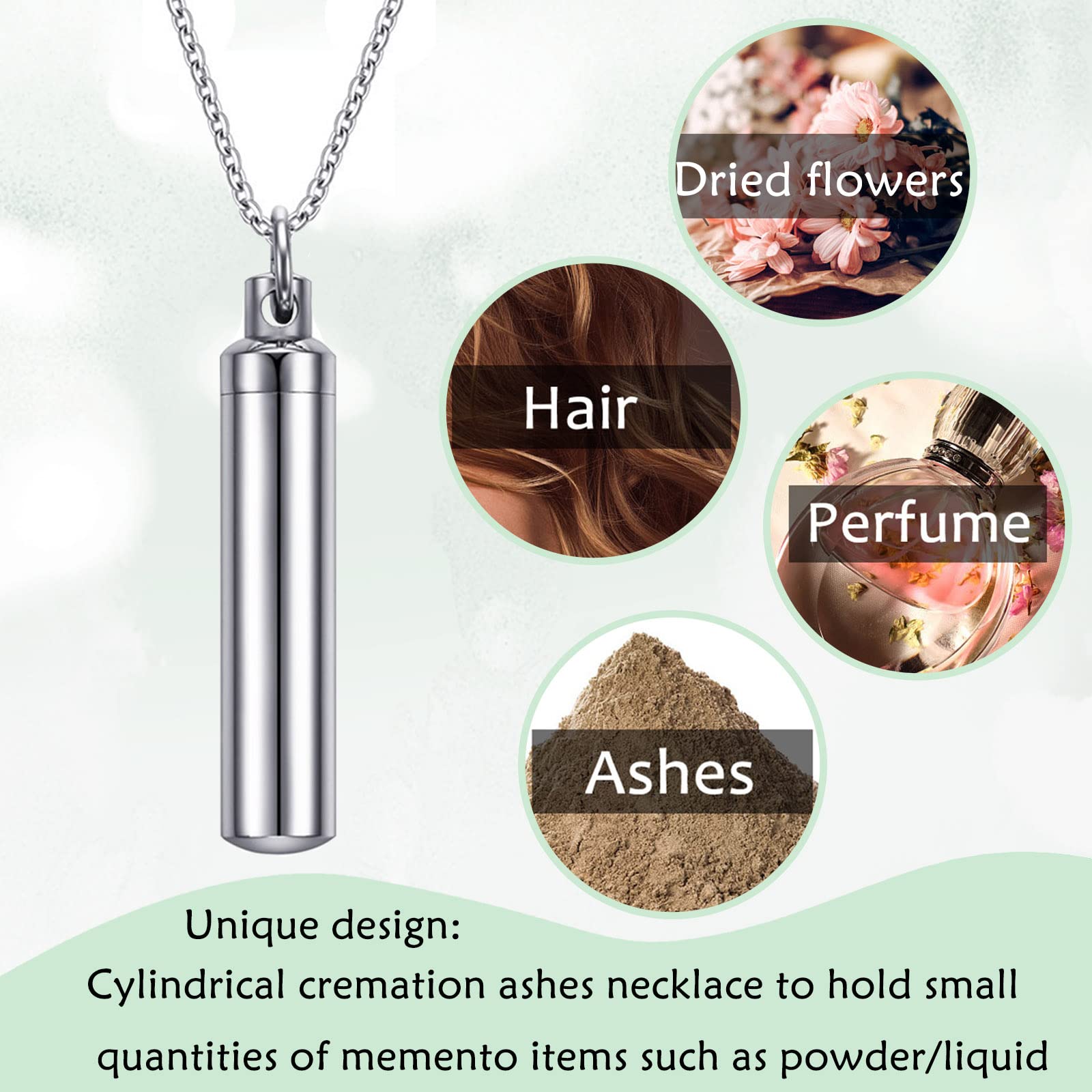 HaoQin jewelry 7 Pieces Cylinder Cremation Urn Necklaces for Ashes Stainless Steel Memorial Keepsake jewelry Ashes Locket Pendant
