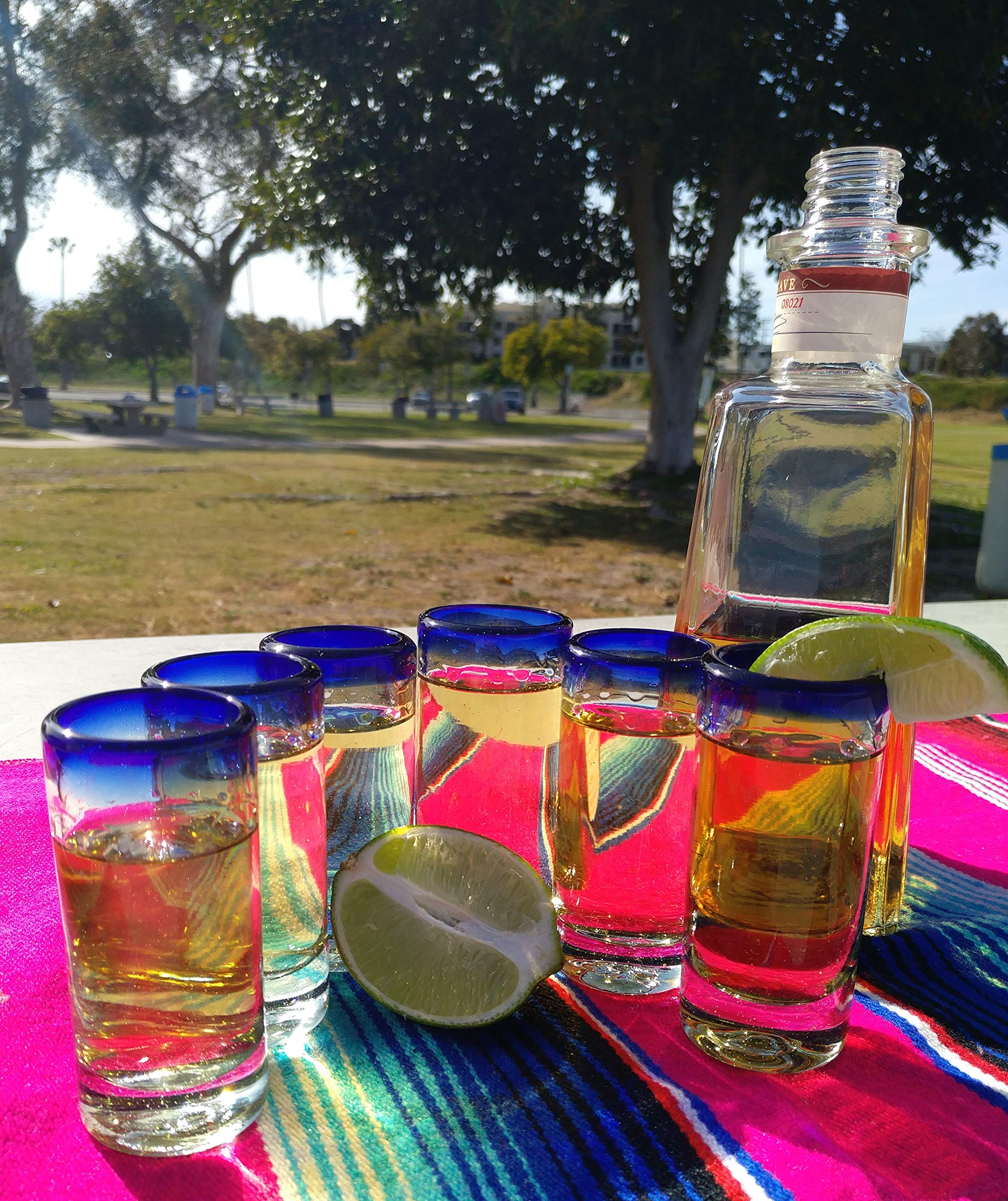 Hand Blown Mexican Tequila Shot Glasses – Set of 6 Cobalt Blue Rim Tequila Shot Glasses (2 oz each)