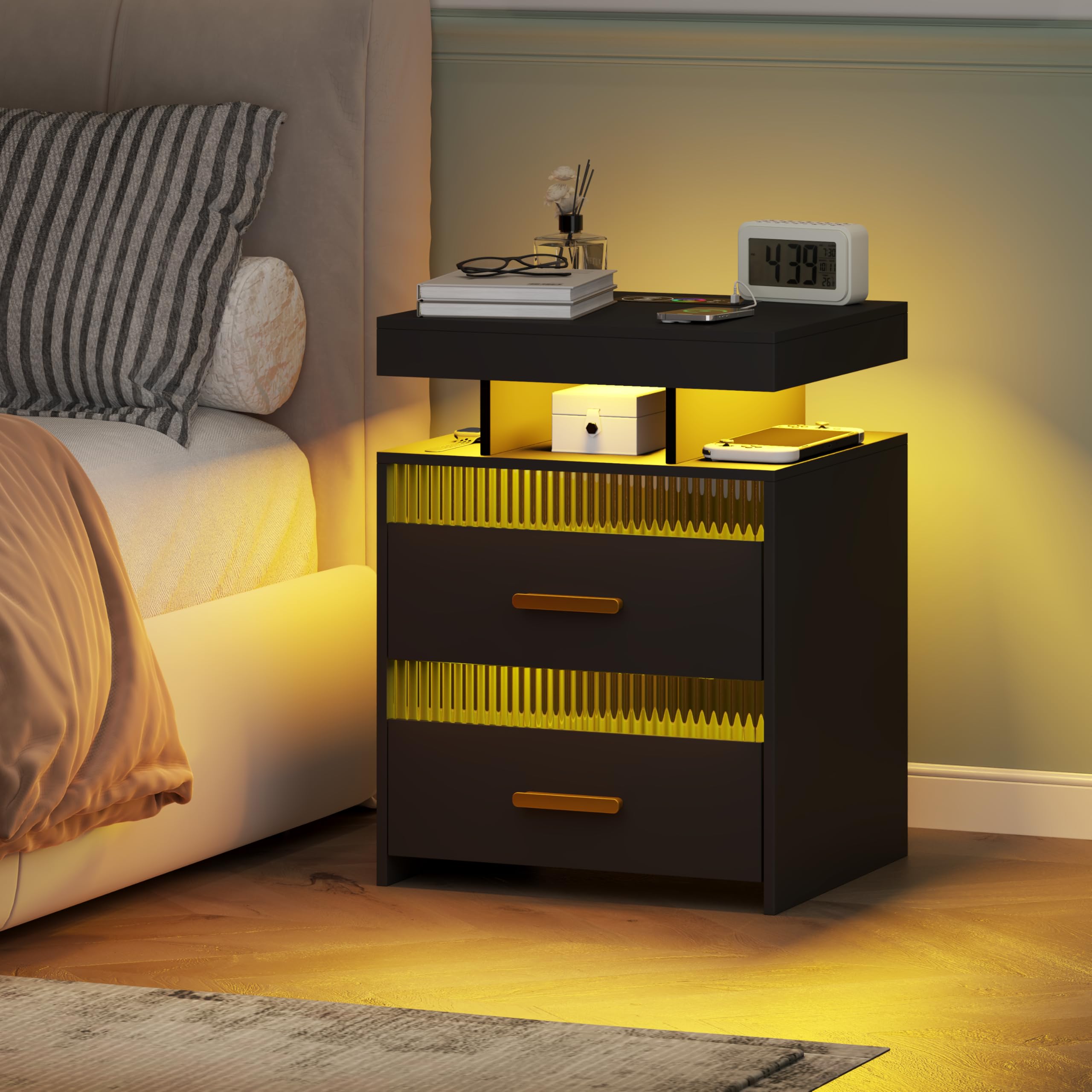 Nightstand with Charging Station and LED Lights, Night Stand with 2 Drawers, Wood Smart Bedside Table, Modern Bed Side Table for Bedroom, Black