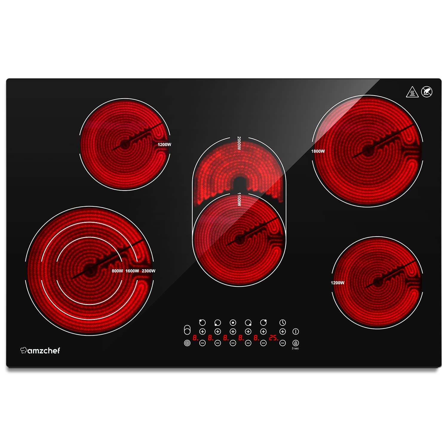 Electric Cooktop 30 Inch, AMZCHEF Built-in Electric Stove Top, 240V Countertop Stove Cooktops With 5 Burners, 9 Heating Level, Timer & Kid Safety Lock, Sensor Touch Control