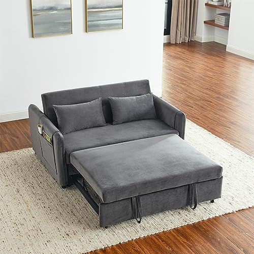 Mbolyeer 54" Modern Convertible Sleeper Sofa Bed, Velvet Loveseat Sofa Couch w/Pull-Out Bed, Seat with Adjustable Backrest, Lumbar Pillows, and Living Room Side Pockets, Gray