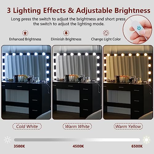 usikey 47.2" Large Vanity Desk with Large Lighted Mirror, 14 Lights, Makeup Vanity Table with 5 Large Drawers & Charging Station, Makeup Vanity Desk, Vanity Table Set for Bedroom, Black