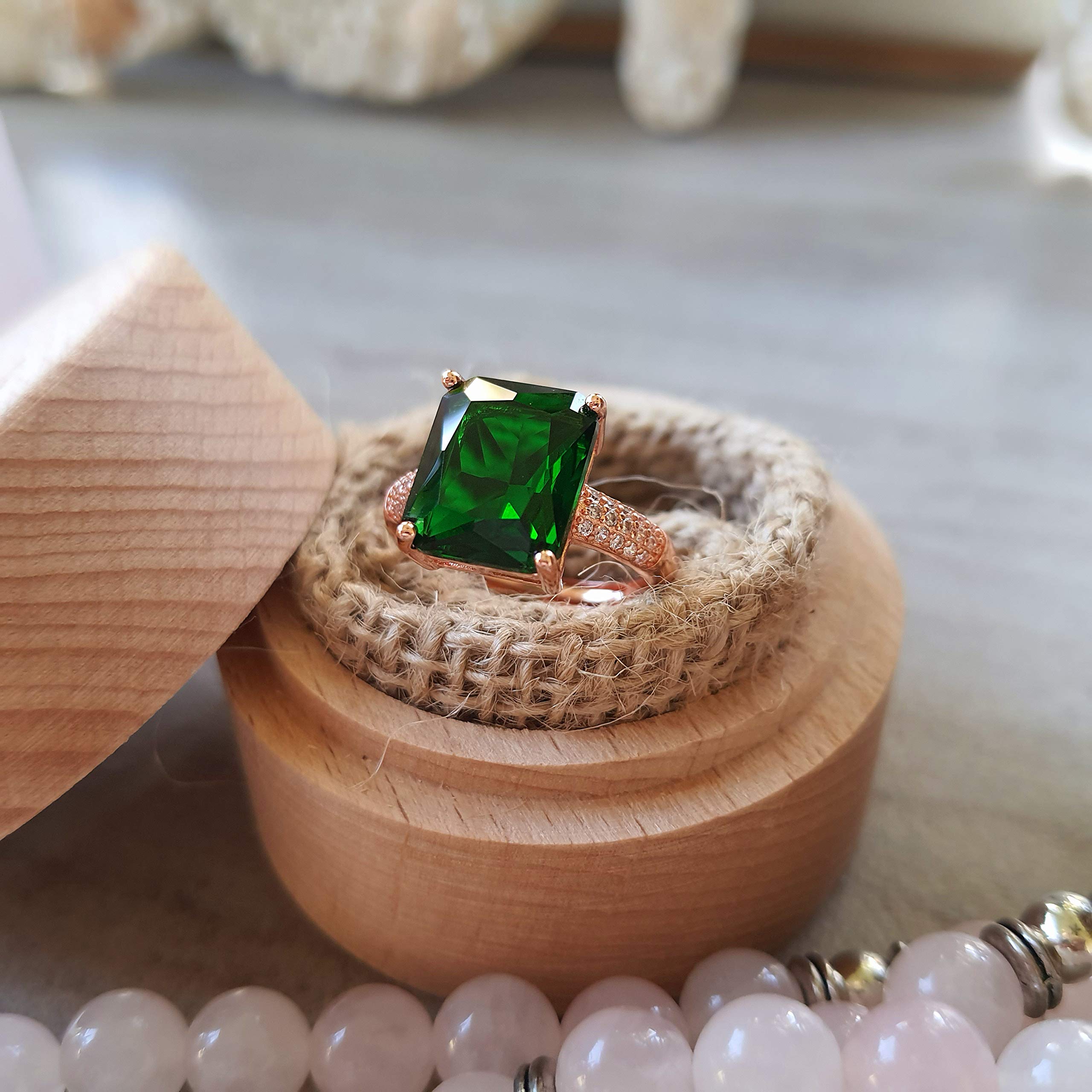 Good Luck Ring for Women. Green Stone Talisman Ring, Dream, Money Ring Rectangular Shape 16K. Birthstone Ring Psychic Spell Ring. (White Gold)