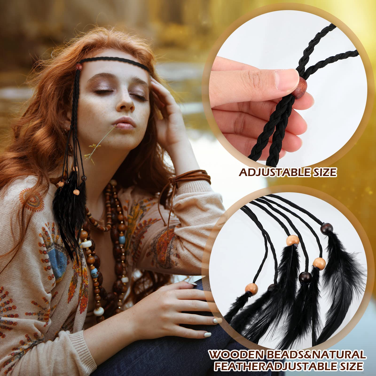 Geyoga 6 Pcs Feather Headband Feather Hair Clip Set Boho Hair Extensions with Feather Clip Comb Hippie Headpiece for Women(Simple Style)
